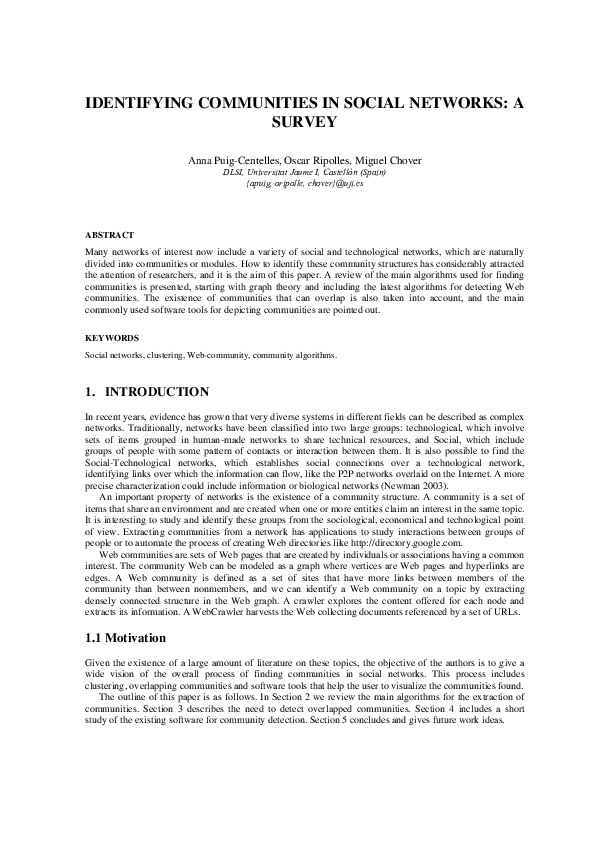 (PDF) IDENTIFYING COMMUNITIES IN SOCIAL NETWORKS: A SURVEY