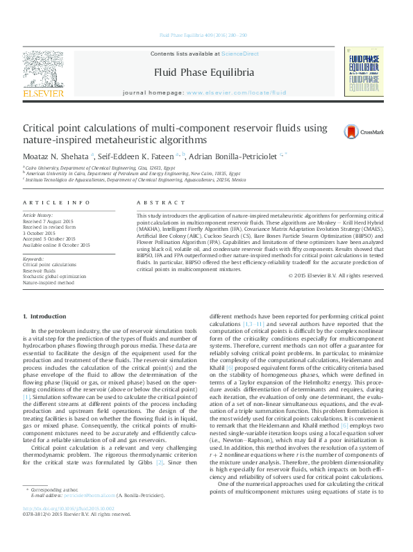 Pdf Critical Point Calculations Of Multi Component Reservoir Fluids Using Nature Inspired