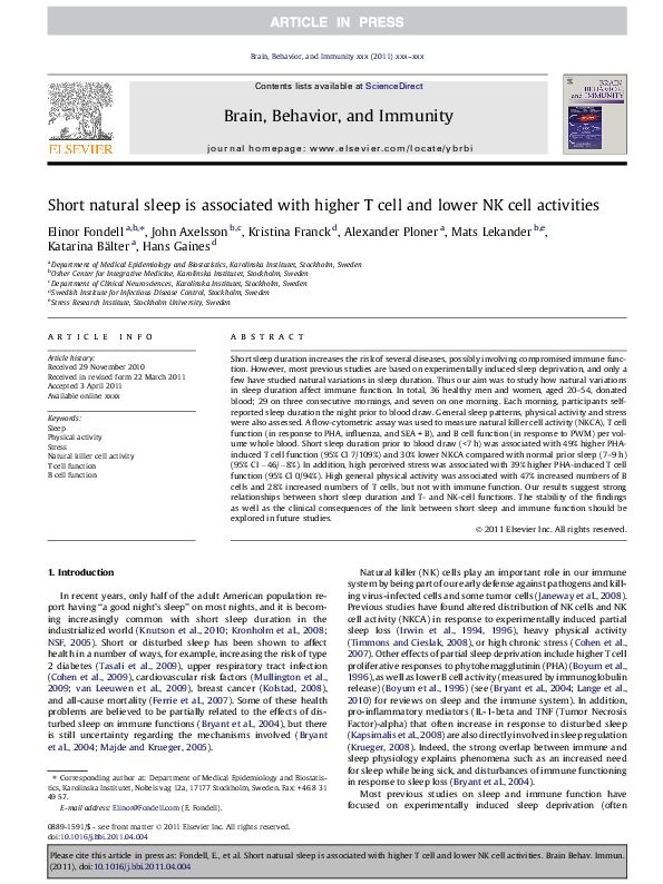 (PDF) Short natural sleep is associated with higher T cell and lower NK ...