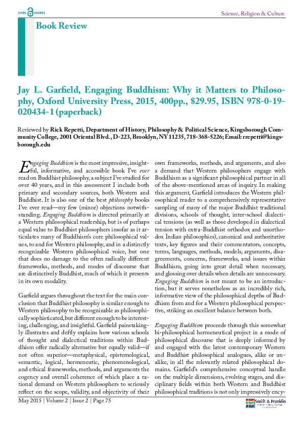 Pdf Jay Garfield Engaging Buddhism Why It Matters To Philosophy