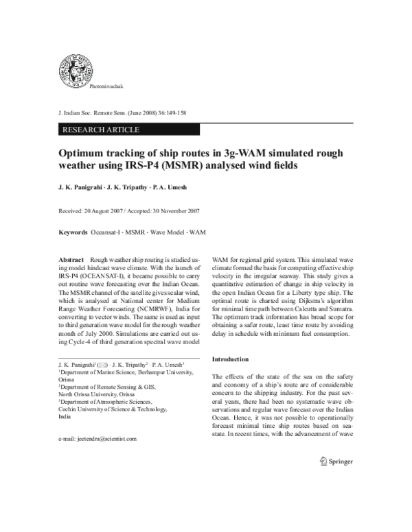 (PDF) Optimal Ship Routing in Rough Weather Using IRS-P4