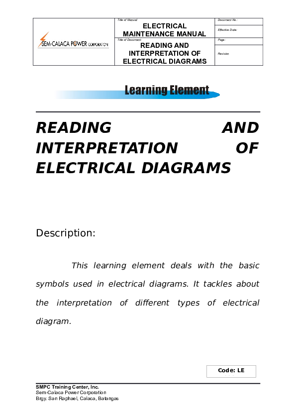 (DOC) Reading and Interpretation of Electrical Diagrams