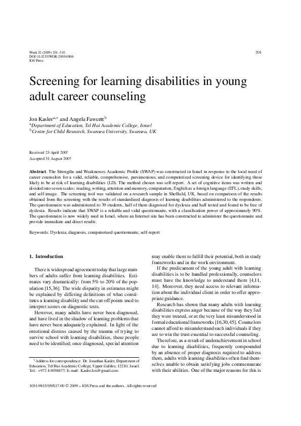 (PDF) Screening for learning disabilities in young adult career counseling