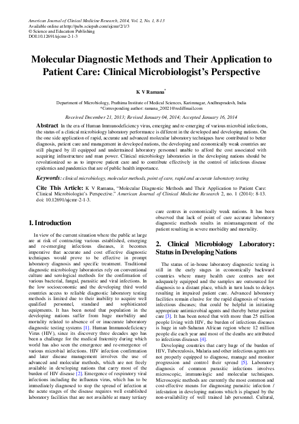 Pdf Molecular Diagnostic Methods And Their Application To Patient