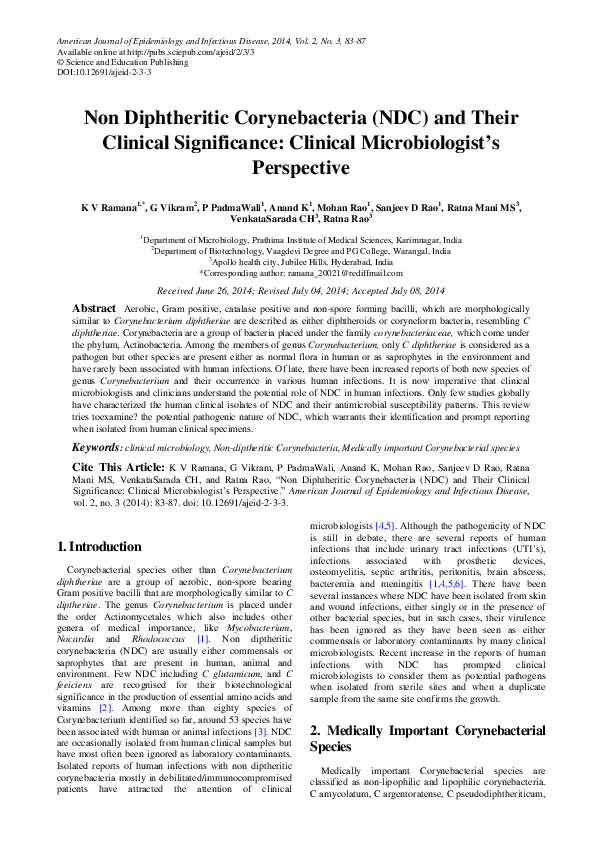 (PDF) Non Diphtheritic Corynebacteria (NDC) and Their Clinical ...