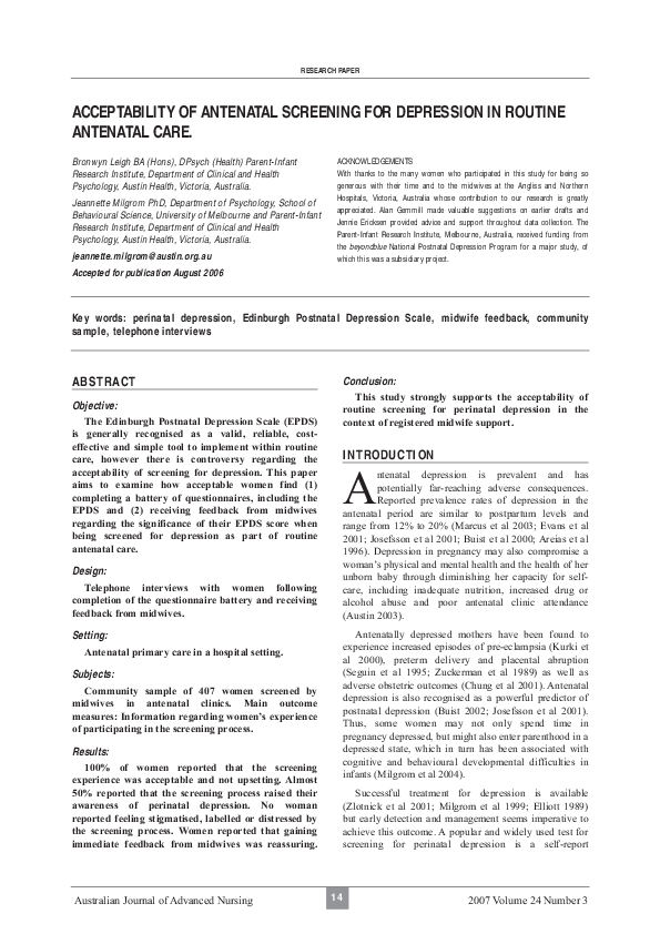 (PDF) Acceptability of Antenatal Screening for Depression During ...