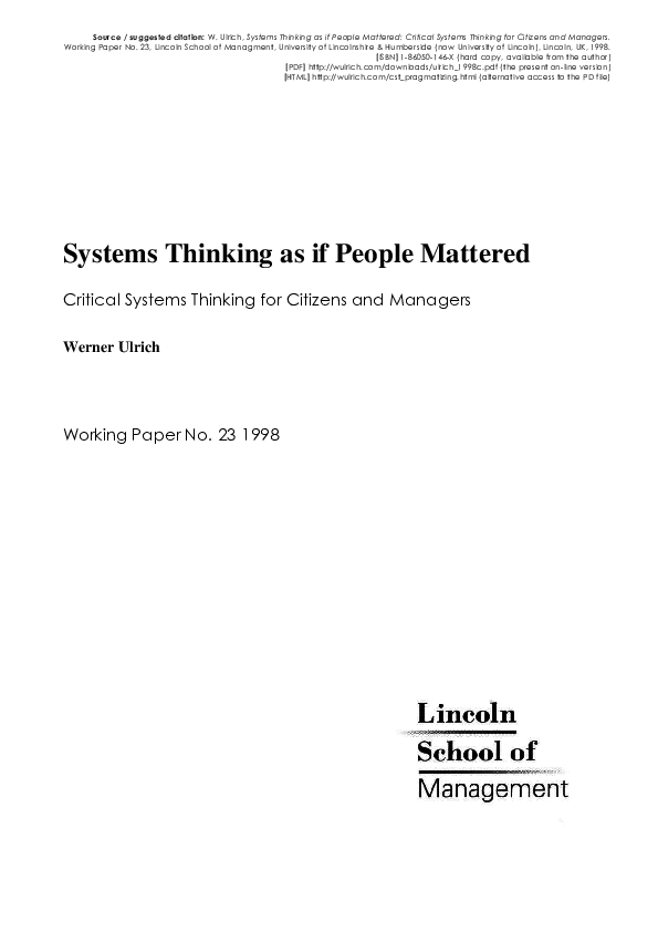 (PDF) Ulrich, W. (1998). Systems Thinking as if People Mattered ...
