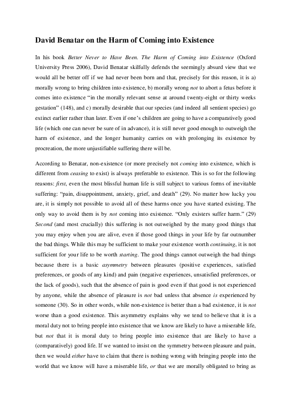 (PDF) David Benatar on the Harm of Coming into Existence