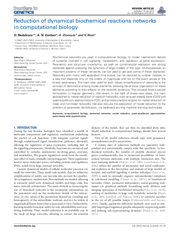 (PDF) Reduction of dynamical biochemical reaction networks in computational biology