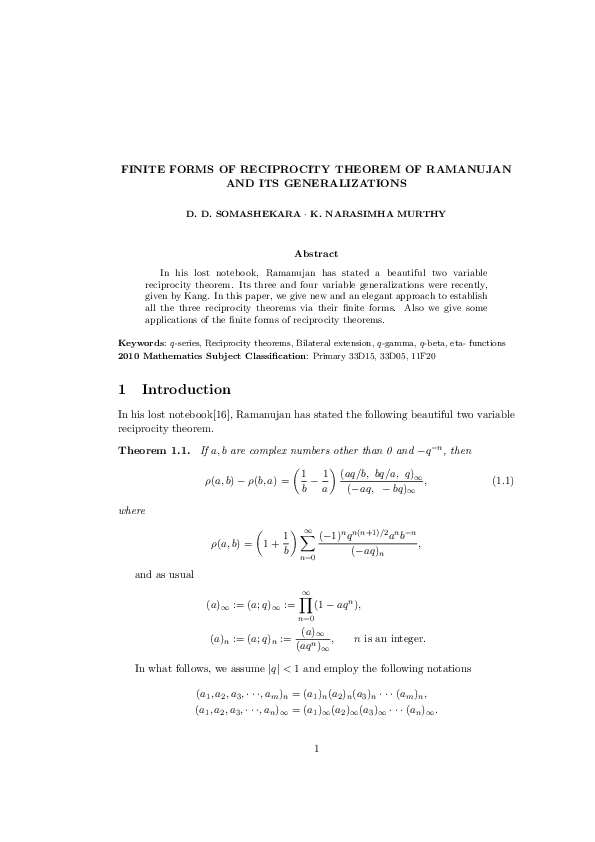 (PDF) FINITE FORMS OF RECIPROCITY THEOREM OF RAMANUJAN AND ITS GENERALIZATIONS