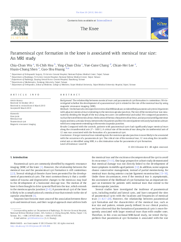 (PDF) Parameniscal cyst formation in the knee is associated with ...