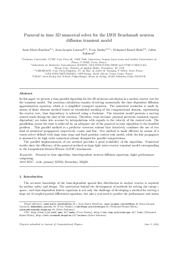 (PDF) Parareal in time 3D numerical solver for the LWR Benchmark neutron diffusion transient model