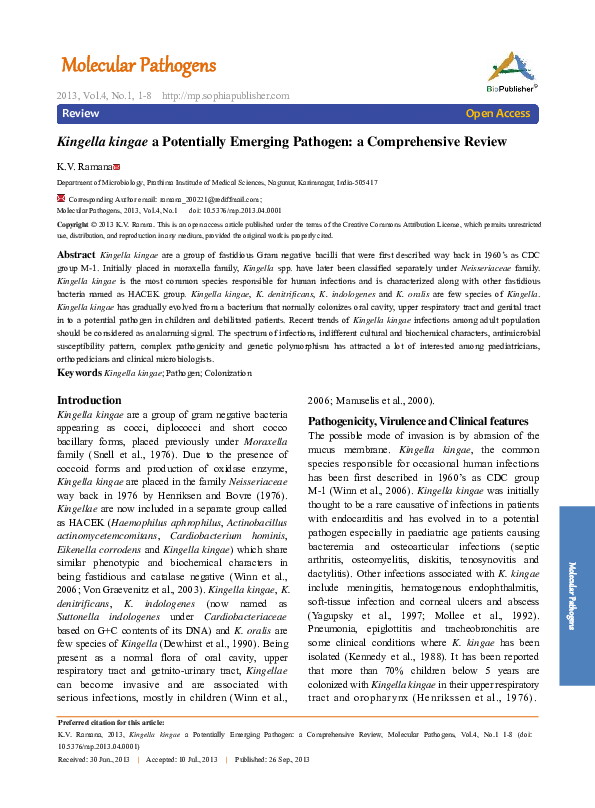 (PDF) Kingella kingae a Potentially Emerging Pathogen: a Comprehensive ...