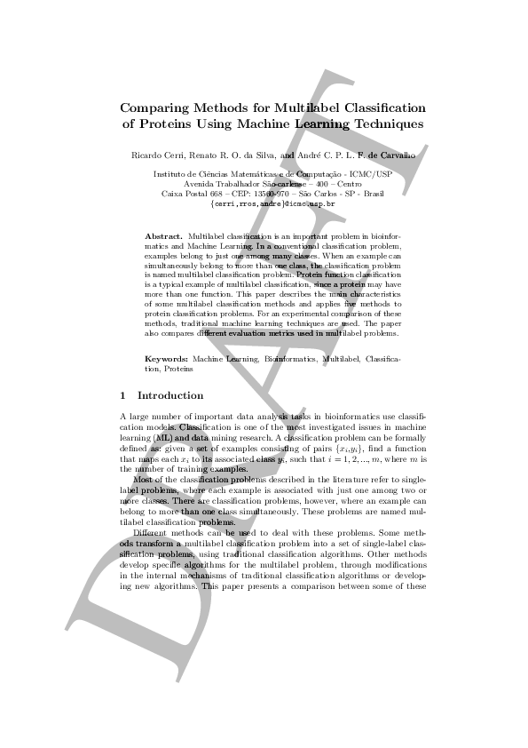 (PDF) Comparing Methods for Multilabel Classification of Proteins Using Machine Learning Techniques