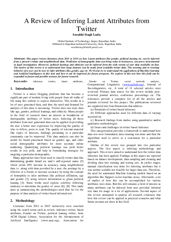 Pdf A Review Of Inferring Latent Attributes From Twitter