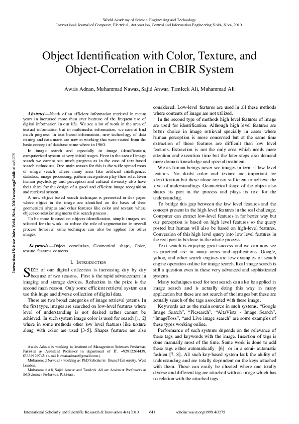 Pdf Object Identification With Color Texture And Object Correlation