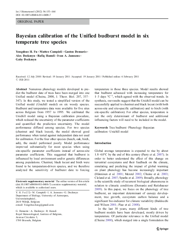 (PDF) Bayesian calibration of the Unified budburst model in six temperate tree species