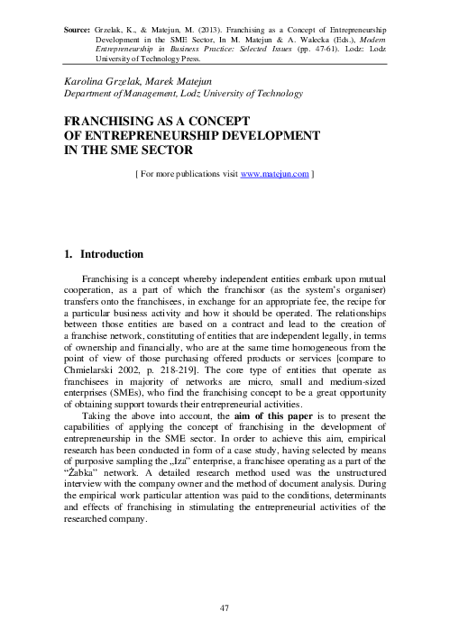 Franchising as a Concept of Entrepreneurship Development in the SME Sector