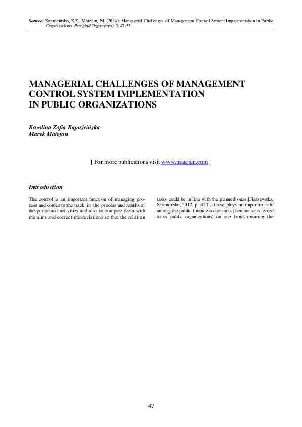 Managerial Challenges Of Management Control System Implementation In Public Organizations