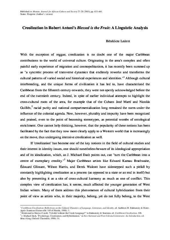 Creolization in Robert Antoni's Blessed is the Fruit: A Linguistic Analysis