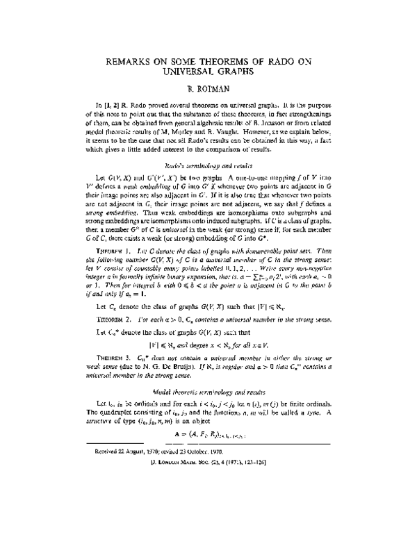 (PDF) Remarks on Some Theorems of Rado on Universal Graphs