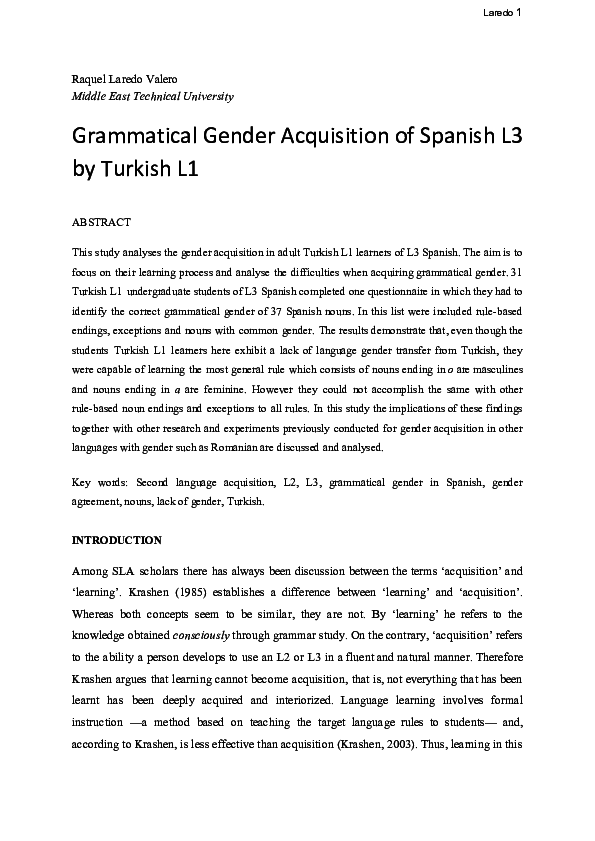 (PDF) Grammatical Gender Acquisition of Spanish L3 by Turkish L1