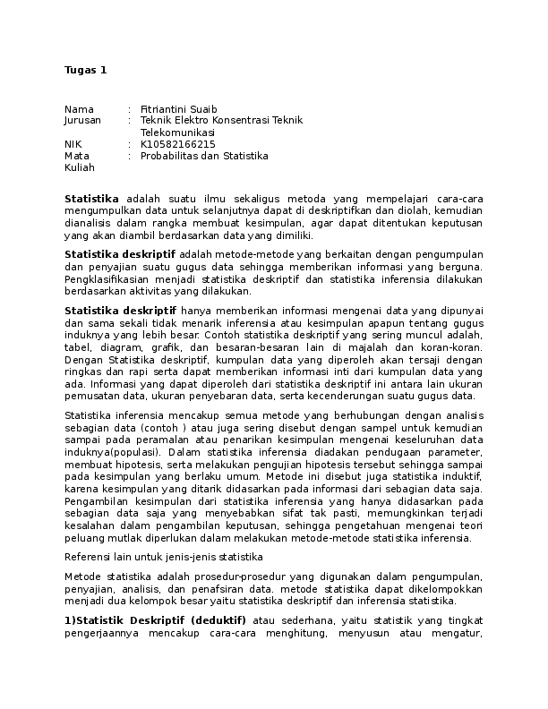 (DOC) Tugas 1 Probabilitas dan Statistika (DOC) Tugas 1 Probabilitas dan Statistika