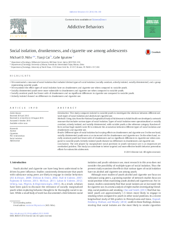 (PDF) Social Isolation, Drunkenness, and Cigarette Use among Adolescents