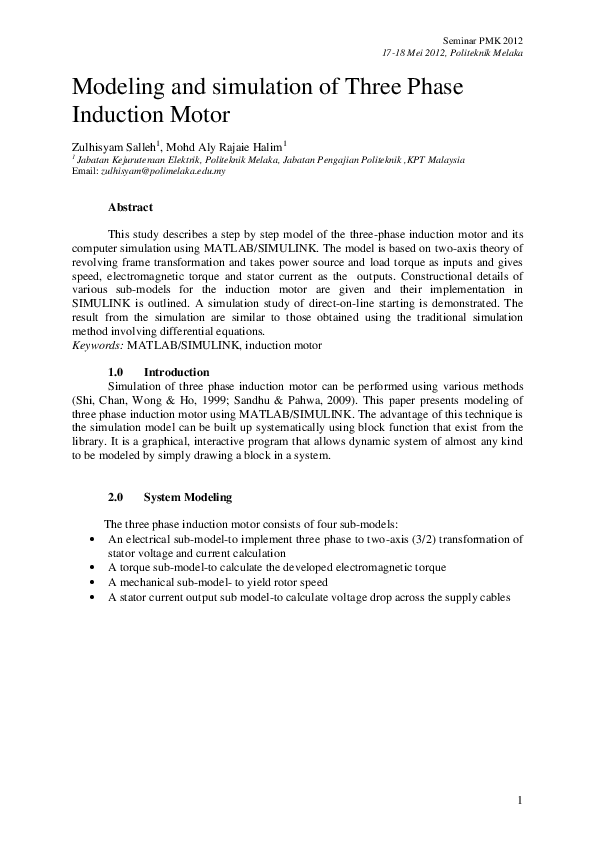 (PDF) Modeling and Simulation of Three Phase Induction Motor