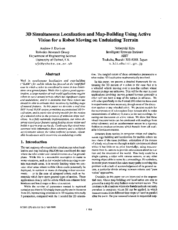 Pdf 3d Simultaneous Localisation And Map Building Using Active Vision For A Robot Moving On