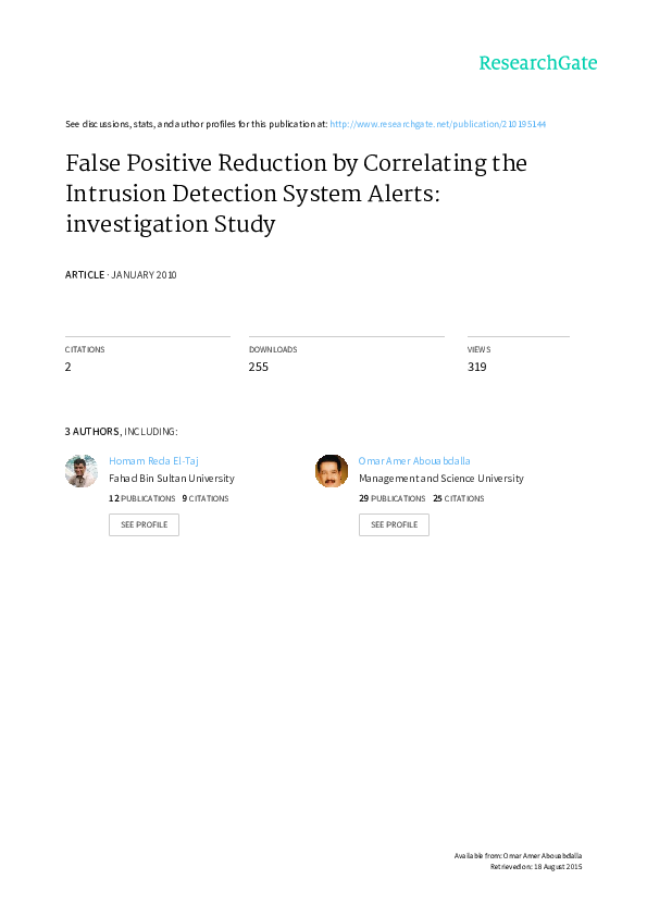 (PDF) False Positive Alerts Reduction by Correlating the Intrusion Detection System Alerts ...