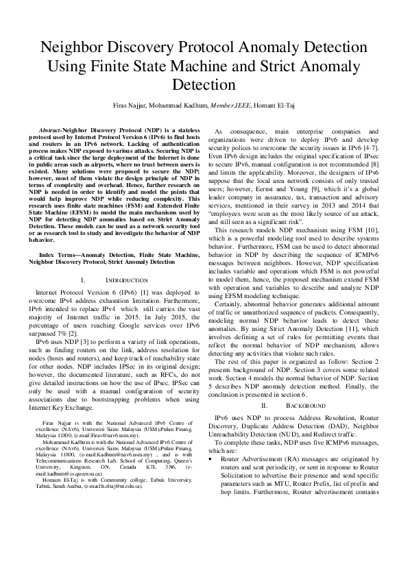 (PDF) Neighbor Discovery Protocol Anomaly Detection Using Finite State Machine and Strict ...