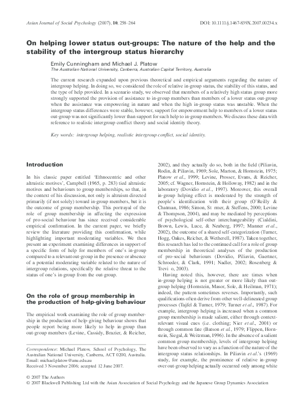 (PDF) On helping lower status out-groups: The nature of the help and ...