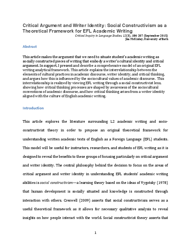 Pdf Critical Argument And Writer Identity Social Constructivism As A Theoretical Framework