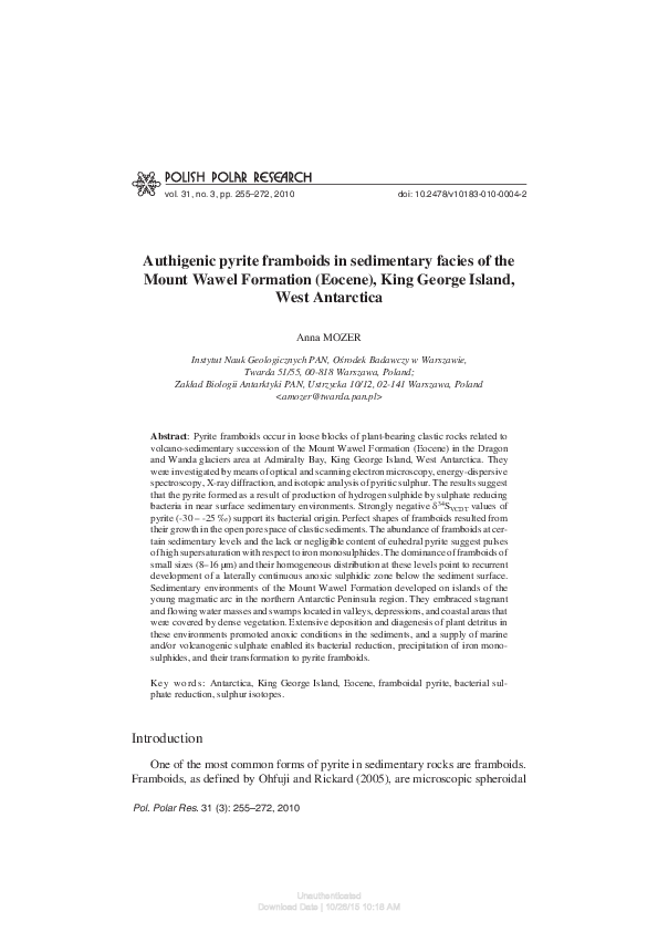 (PDF) Authigenic pyrite framboids in sedimentary facies of the Mount ...