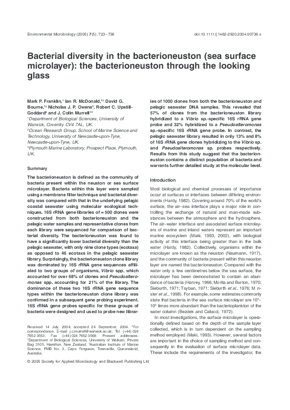 (PDF) Bacterial diversity in the bacterioneuston (sea surface microlayer): the bacterioneuston ...