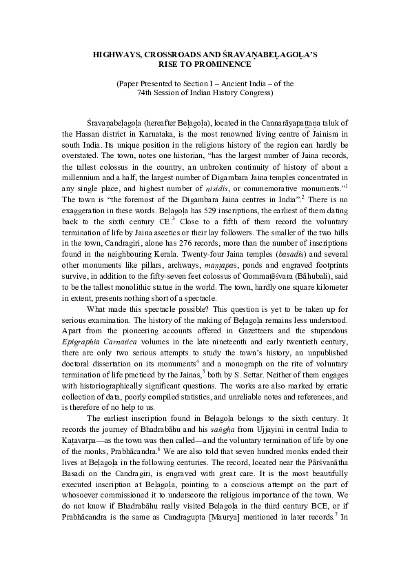 (PDF) Highways, Crossroads and Sravanabelagola's Rise to Prominence