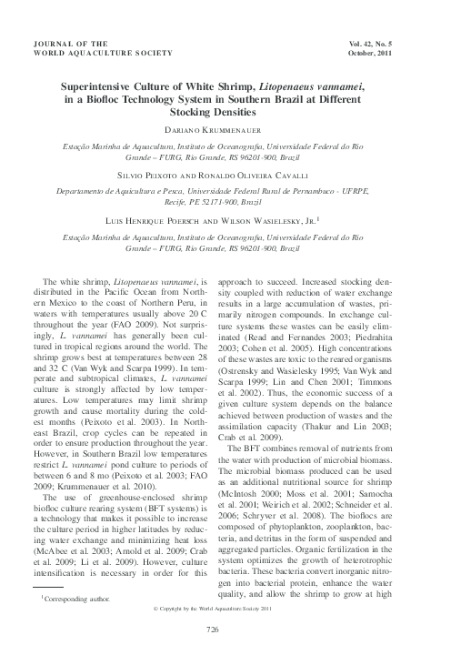 (PDF) Superintensive Culture of White Shrimp, Litopenaeus vannamei, in a Biofloc Technology ...