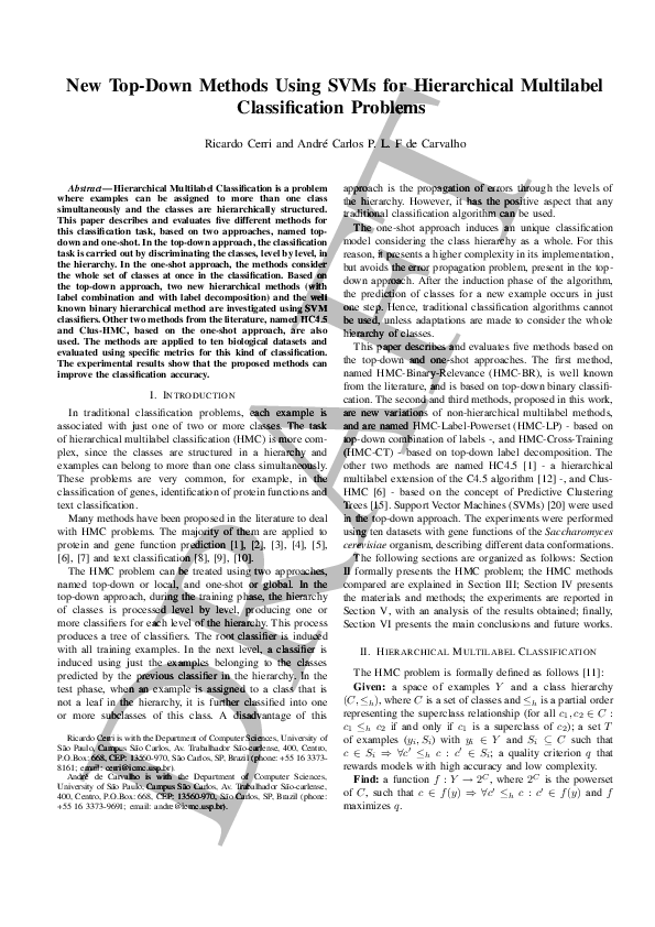 (PDF) New top-down methods using SVMs for Hierarchical Multilabel Classification problems