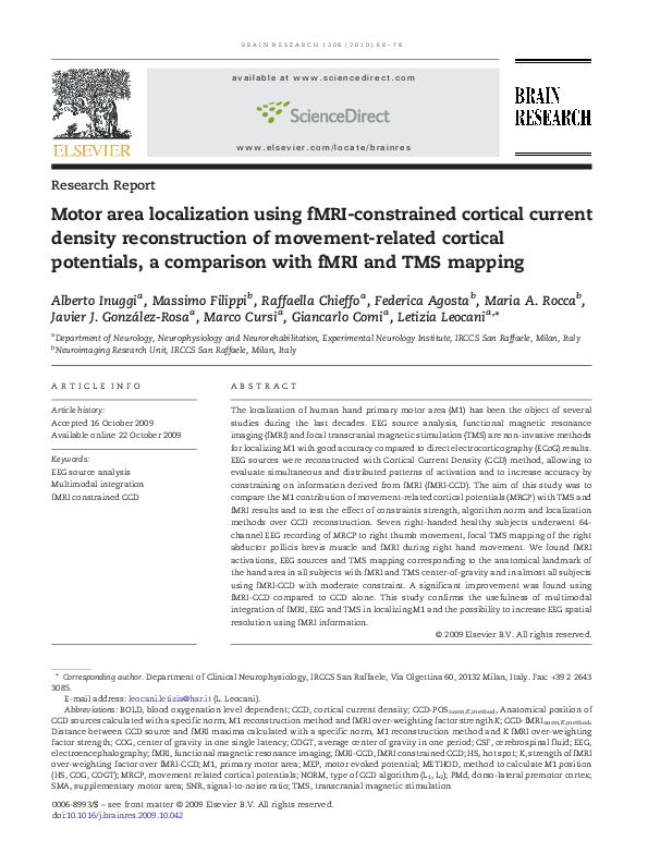 (PDF) Motor area localization using fMRI-constrained CCD recontruction of movement-related ...
