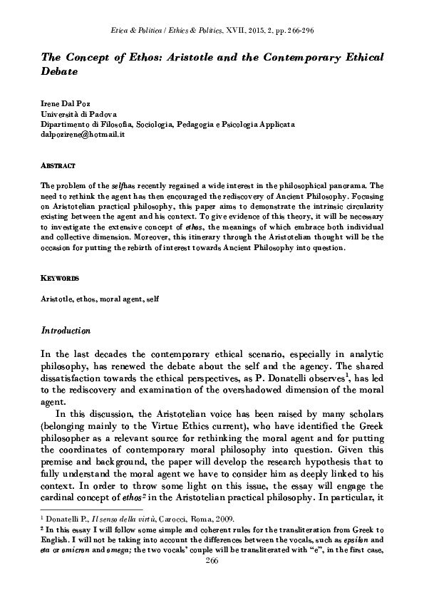 (PDF) The Concept of Ethos: Aristotle and the Contemporary Ethical Debate