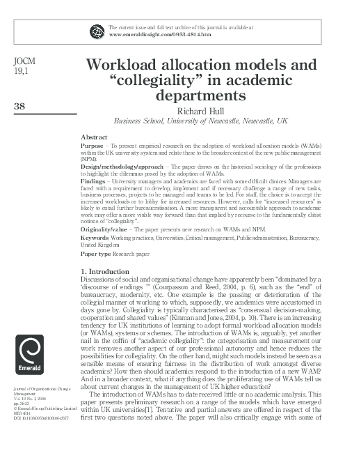 (PDF) Workload allocation models and “collegiality” in academic departments