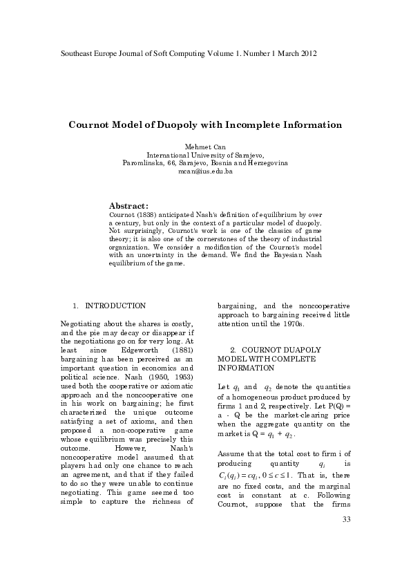 (PDF) Cournot Model of Duopoly with Incomplete Information