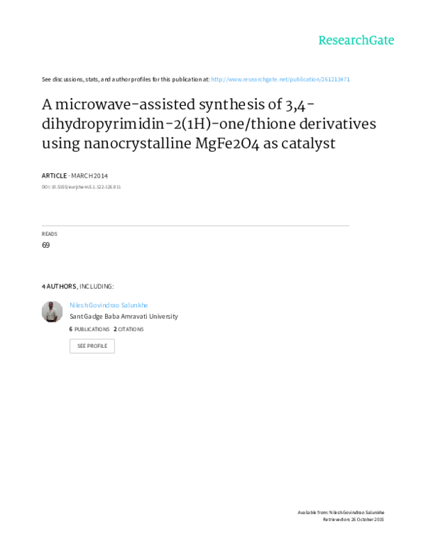 (PDF) A microwave‐assisted synthesis of 3,4‐dihydropyrimidin‐2(1H)‐one/thione derivatives using ...