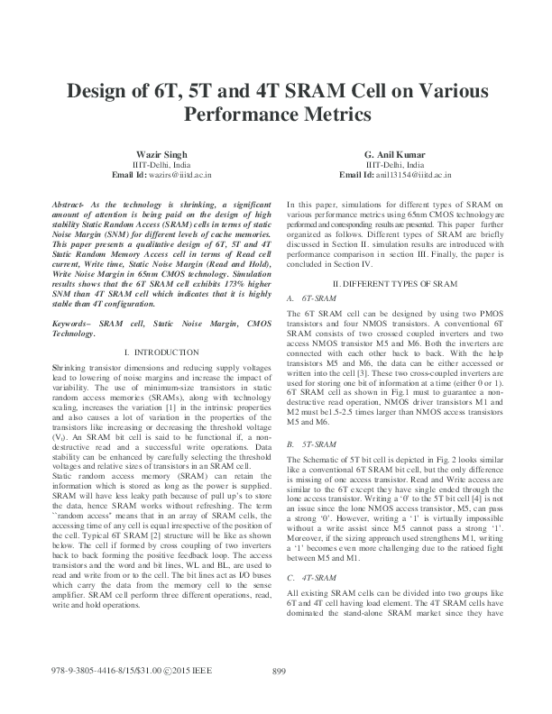 (PDF) Design of 6T, 5T and 4T SRAM Cell on Various Performance Metrics