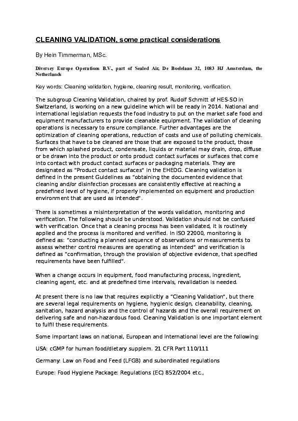 (DOC) CLEANING VALIDATION, some practical considerations