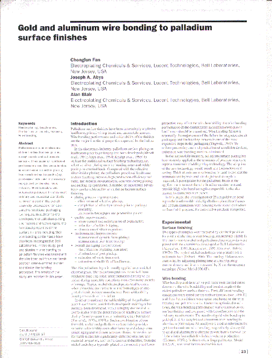(PDF) Gold and Aluminum Wire Bonding To Palladium Surface Finishes