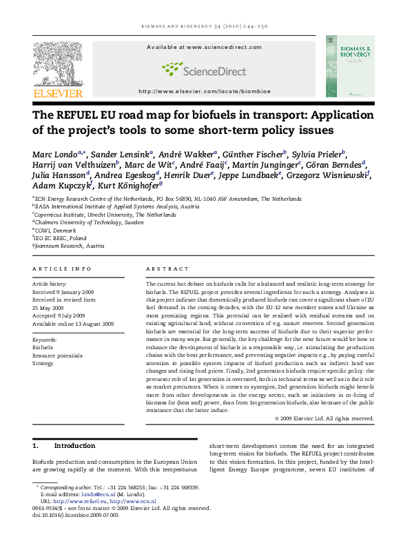 (PDF) The REFUEL EU road map for biofuels in transport: Application of ...