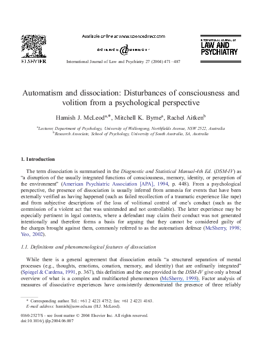 (PDF) Automatism and dissociation: Disturbances of consciousness and ...