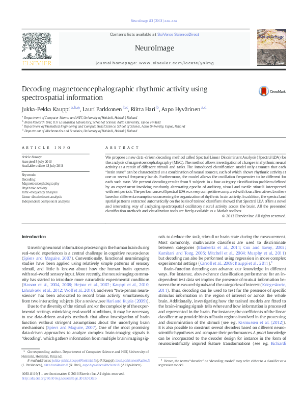 Pdf Decoding Magnetoencephalographic Rhythmic Activity Using Spectrospatial Information